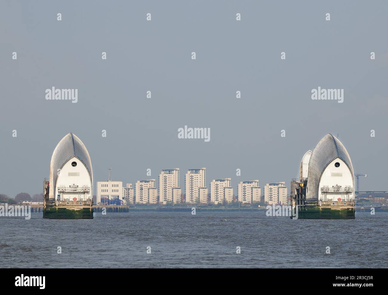 Flood barrier gates on the river Thames at Woolwich, London, England ...