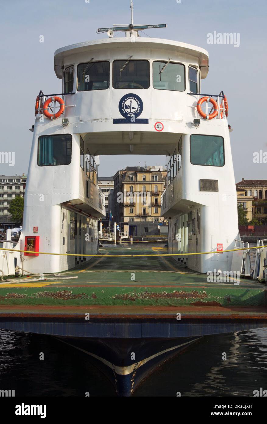 front view of a car ferry boat docked in Como city, Lake Como, Lombardy ...