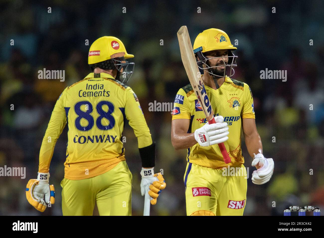 Chennai Super Kings' Ruturaj Gaikwad, right, raises his bat to ...