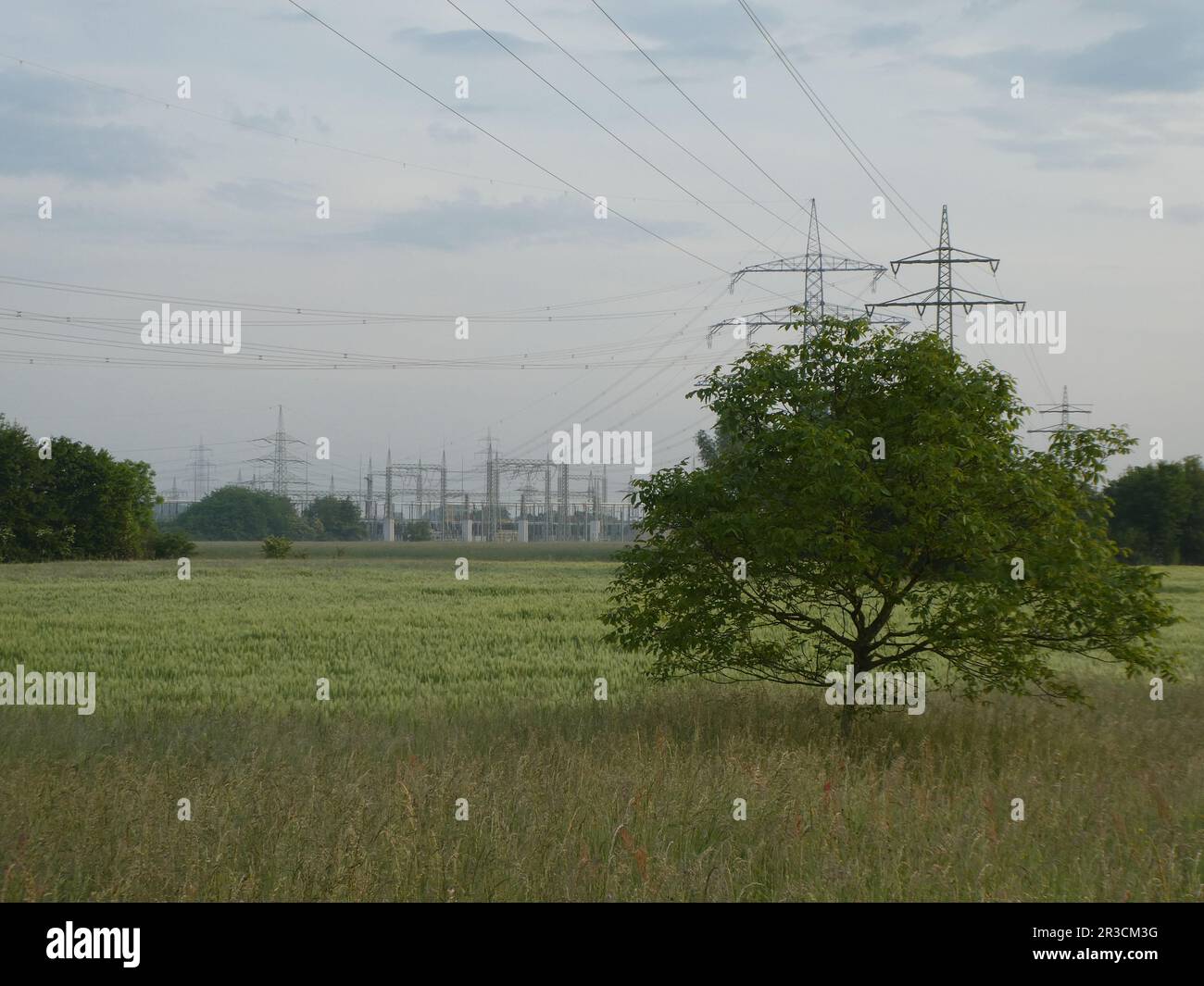 Rural landscape with electricity pylons and a transformer station in ...