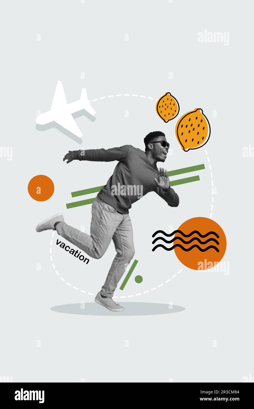 Collage picture artwork of young running man need vacation airplane ...