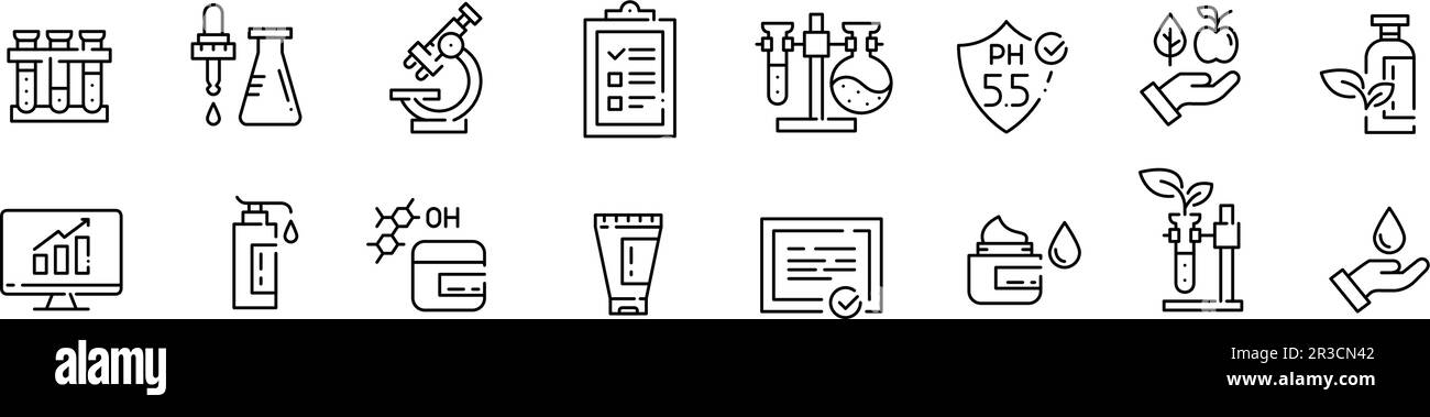 Cosmetics production icons. Laboratory process, ingredients and data ...