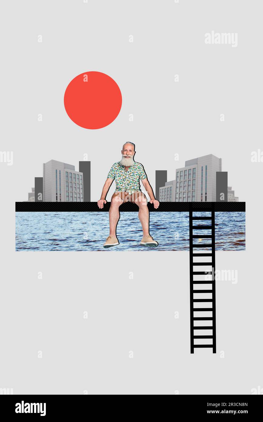 Vertical photo of retired man beard sit calm relax time chill city ...