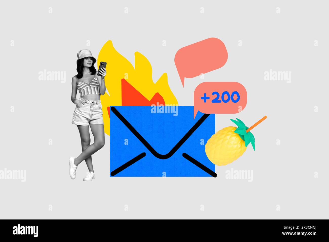 Creative collage of black white colors girl use smart phone receive ...