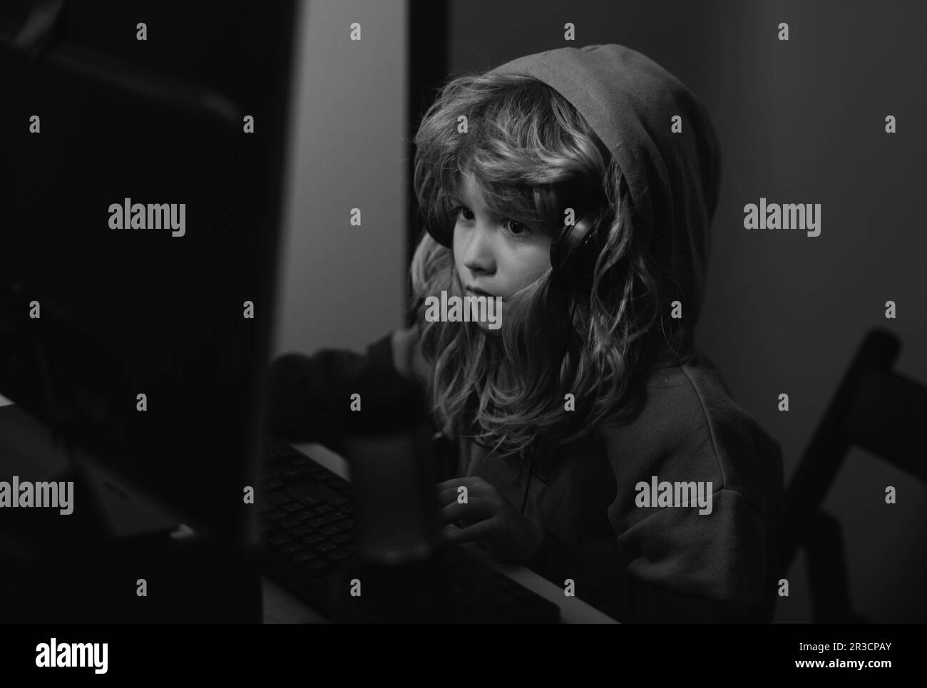 Night surf in the Internet. Little boy at the pc computer screen. Cute ...