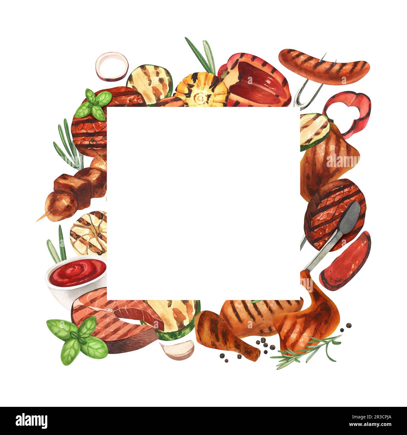 Watercolor frame barbecue. Elements for cooking bbq - grill, chicken ...