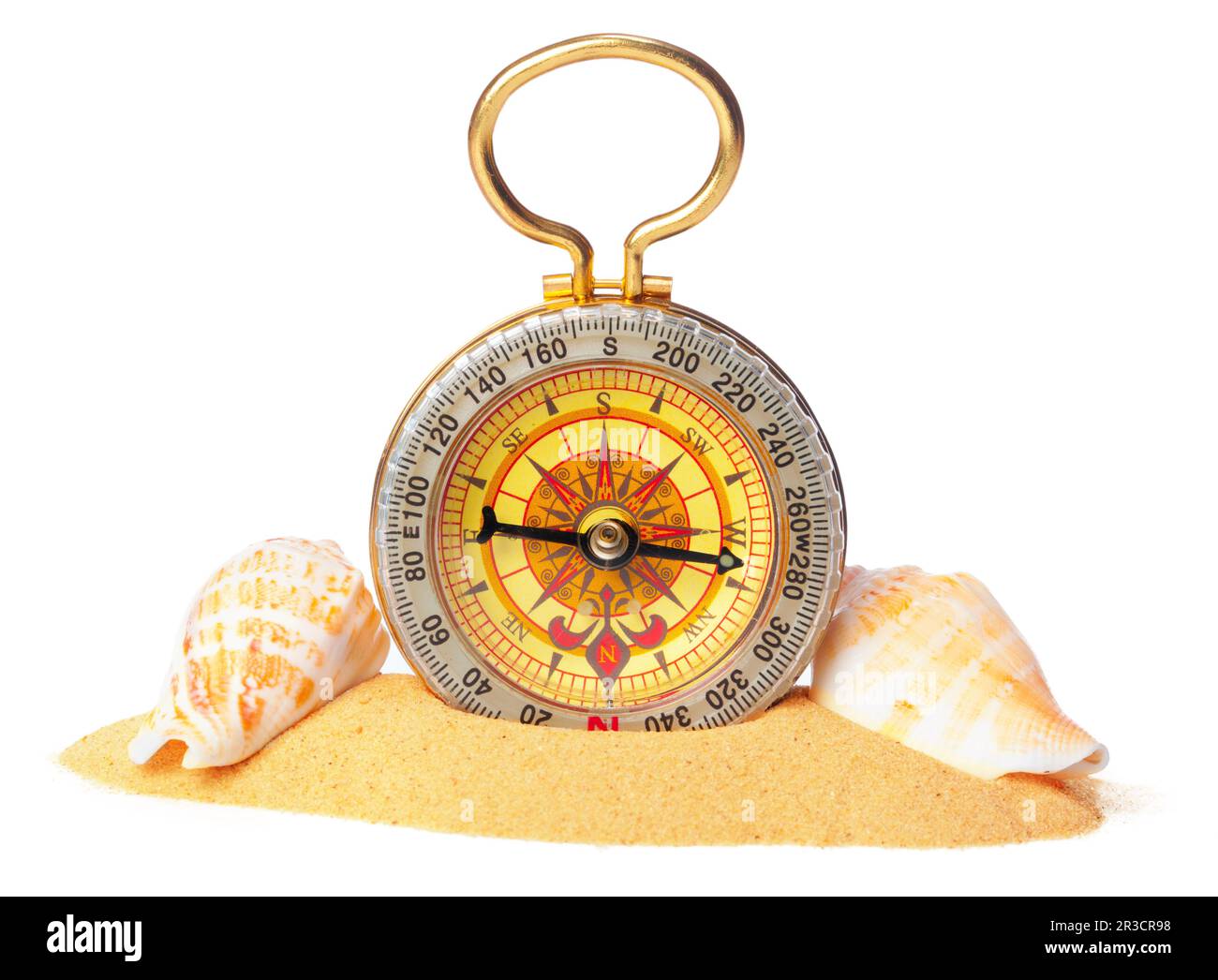 sea shells and old compass with sand isolated on white background Stock ...
