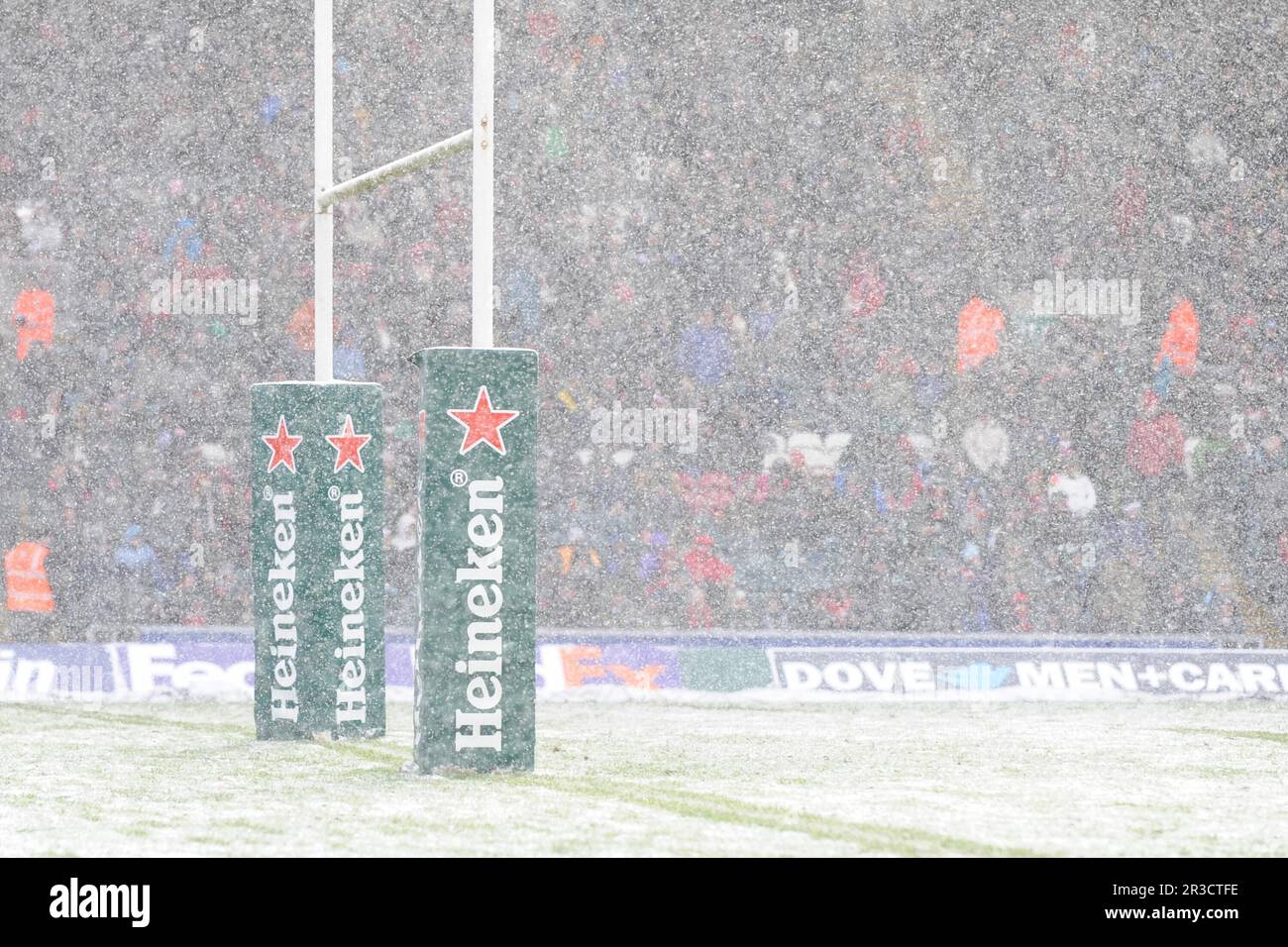 Heavy snow falling during the Heineken Cup 6th round match between ...