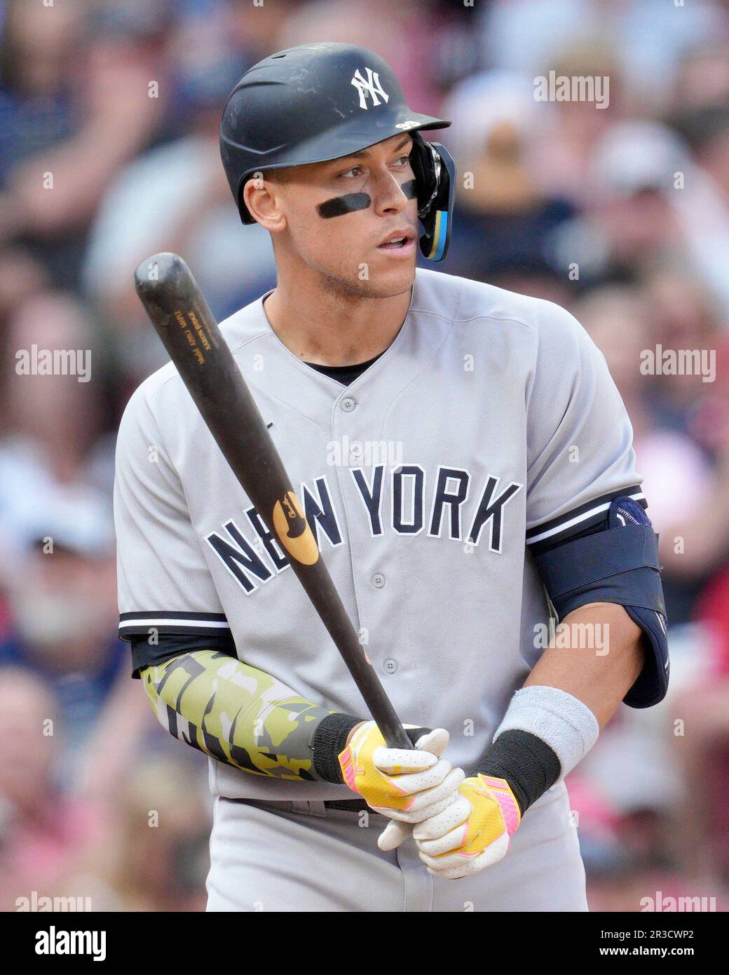 New York Yankees' Aaron Judge looks to bat in a baseball game against the Cincinnati Reds in ...