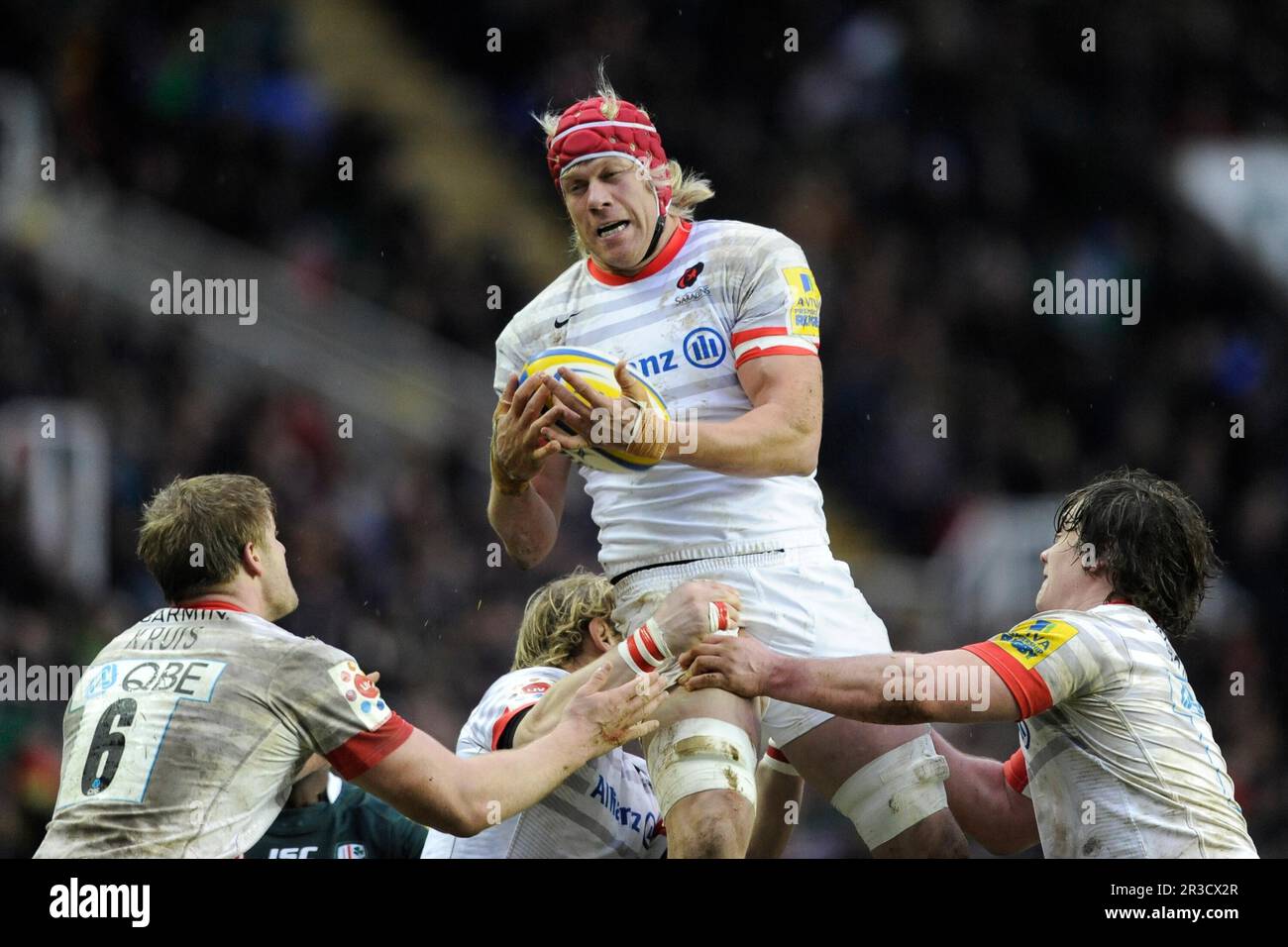 Mouritz Botha of Saracens secures the lineout ball during the Aviva ...