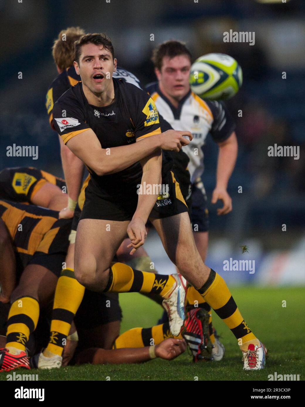 Charlie Davies of London Wasps passes during the LV= Cup second round ...