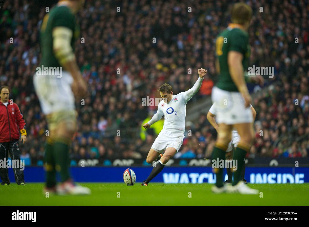 Toby Flood of England takes a penalty kick during the QBE Autumn ...
