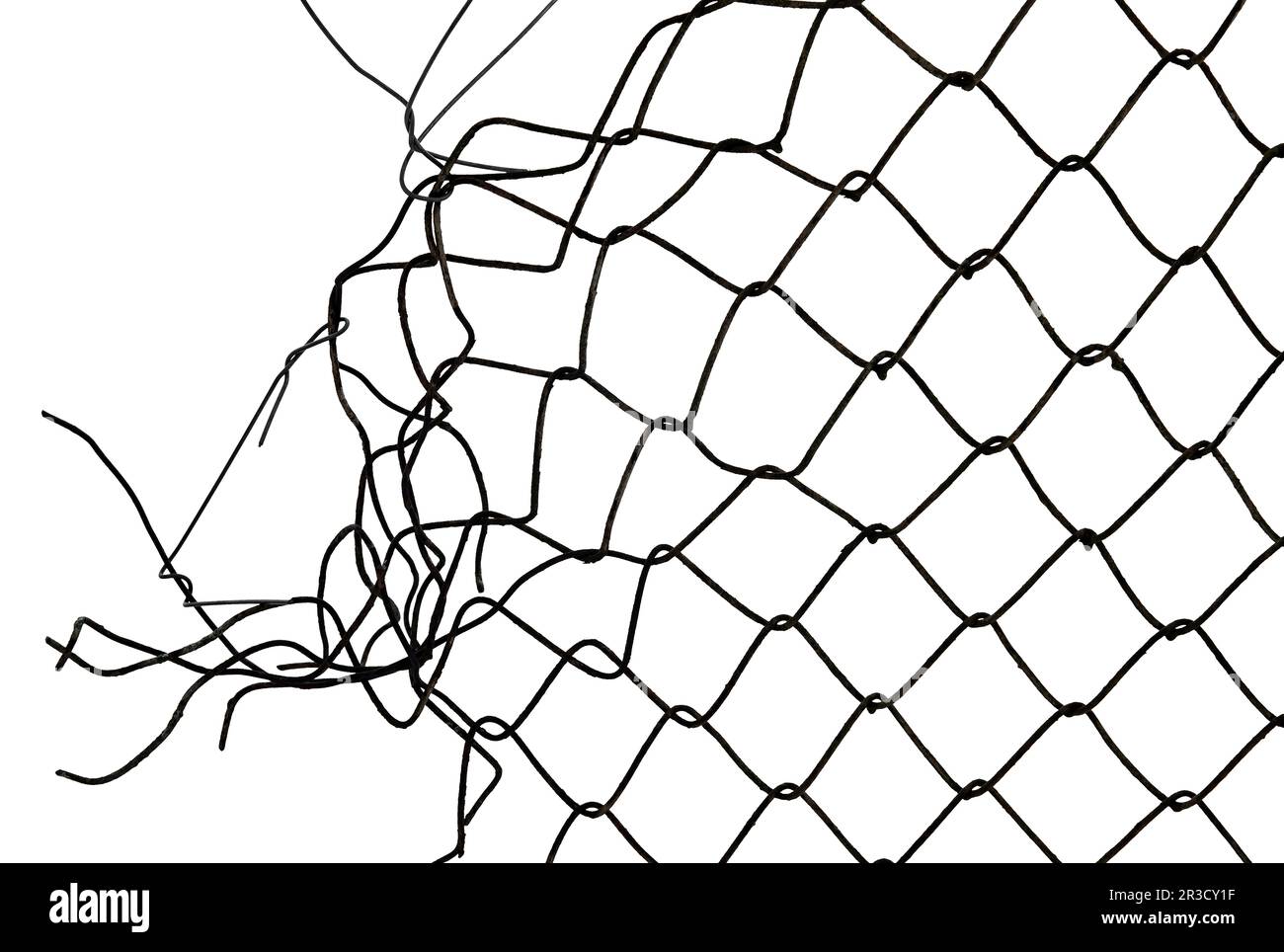 The texture of the metal mesh. Torn, destroyed, broken metal mesh on a ...