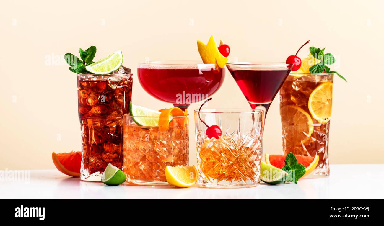 Summer cocktail drinks set: rum cola, long island ice tea, manhattan ...