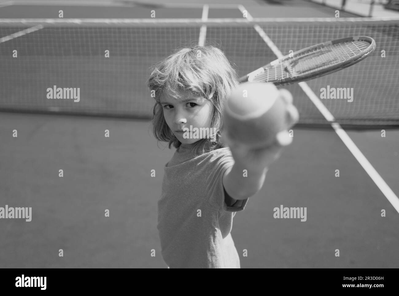 Kid boy at the tennis competition. Child practicing tennis forehand ...