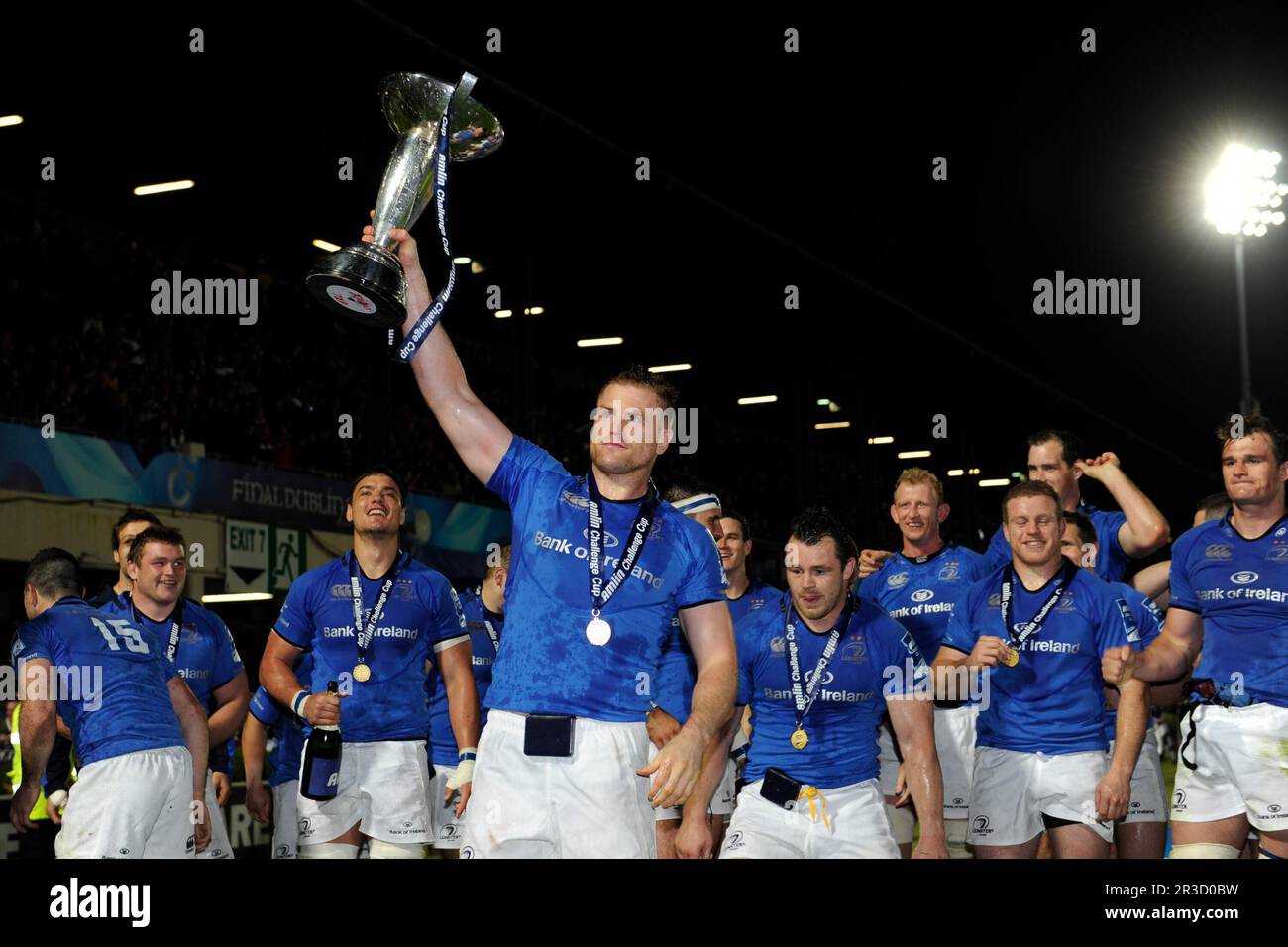 Jamie Heaslip of Leinster holds the trophy aloft after winning the ...