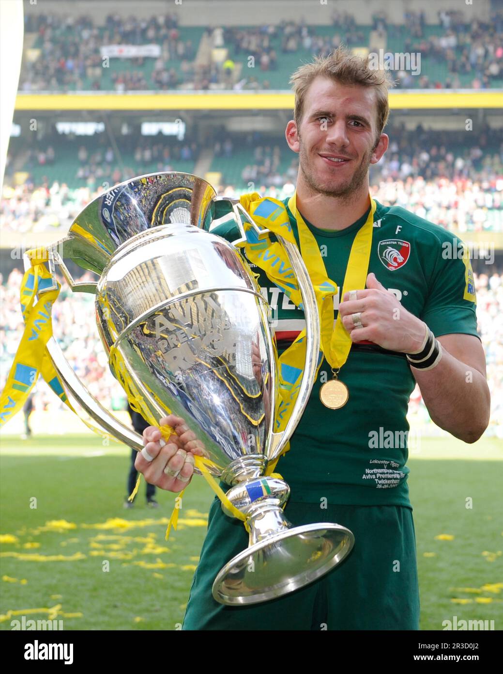 Tom Croft of Leicester Tigers with the trophy after the Aviva ...