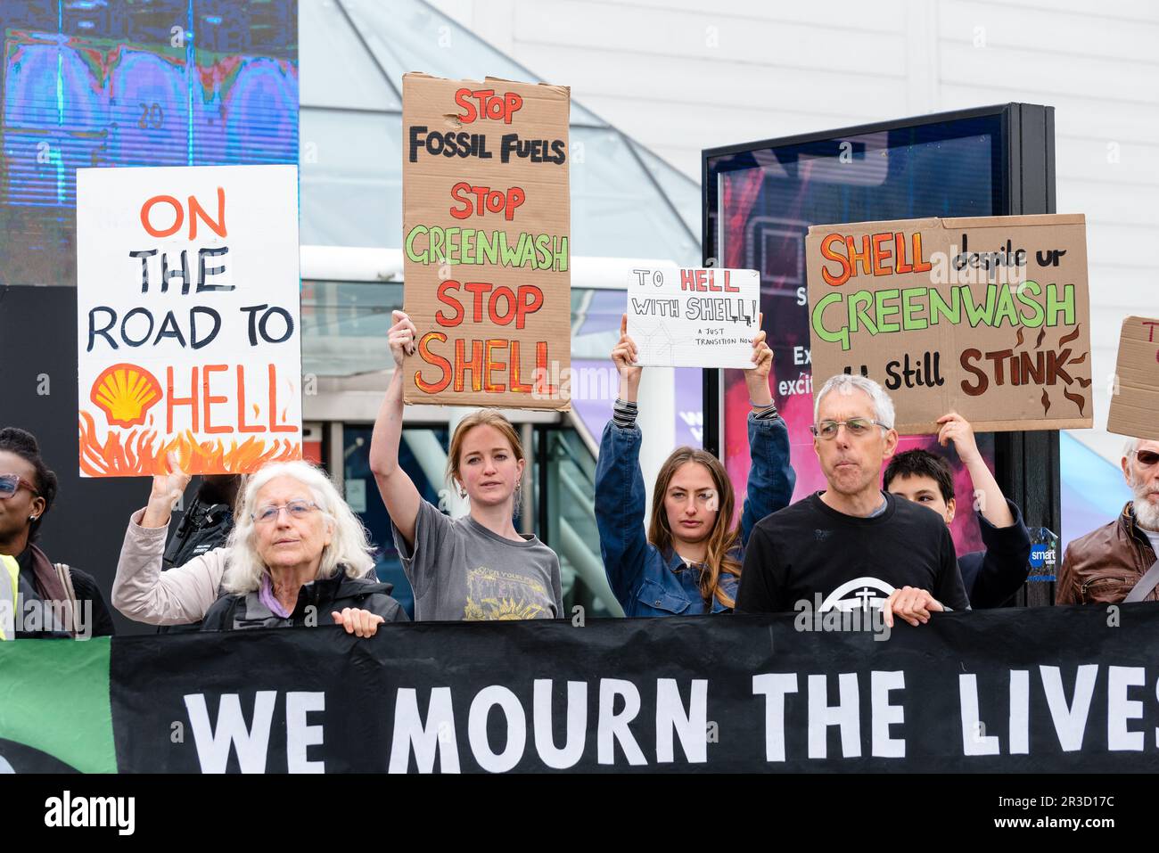 London, UK. 23 May 2023. Climate campaigners from Fossil Free London ...