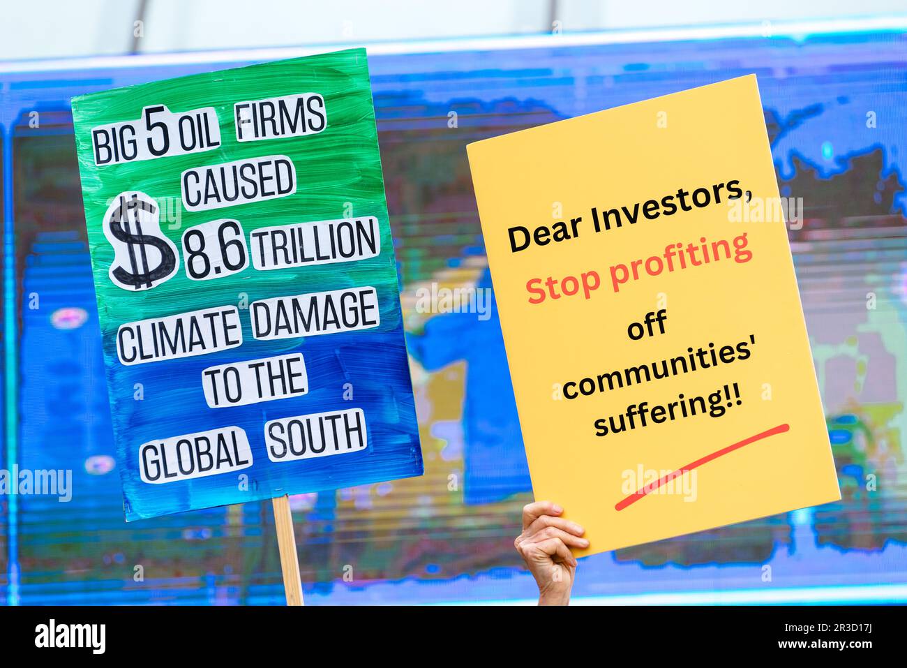 London, UK. 23 May 2023. Climate campaigners from Fossil Free London ...