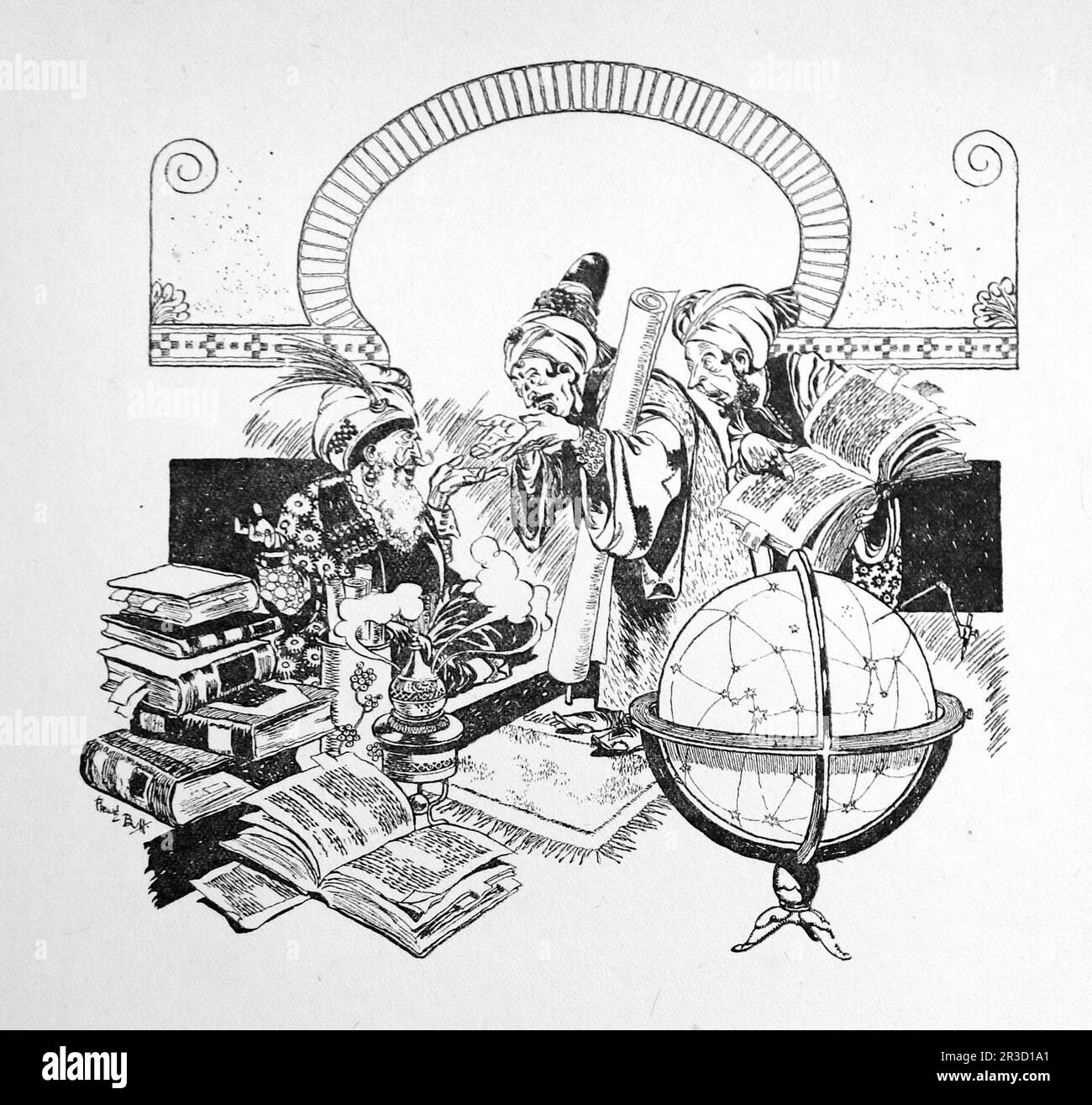 By Rene Bull. Line drawing of wise men wrangling. From The Rubaiyat of ...