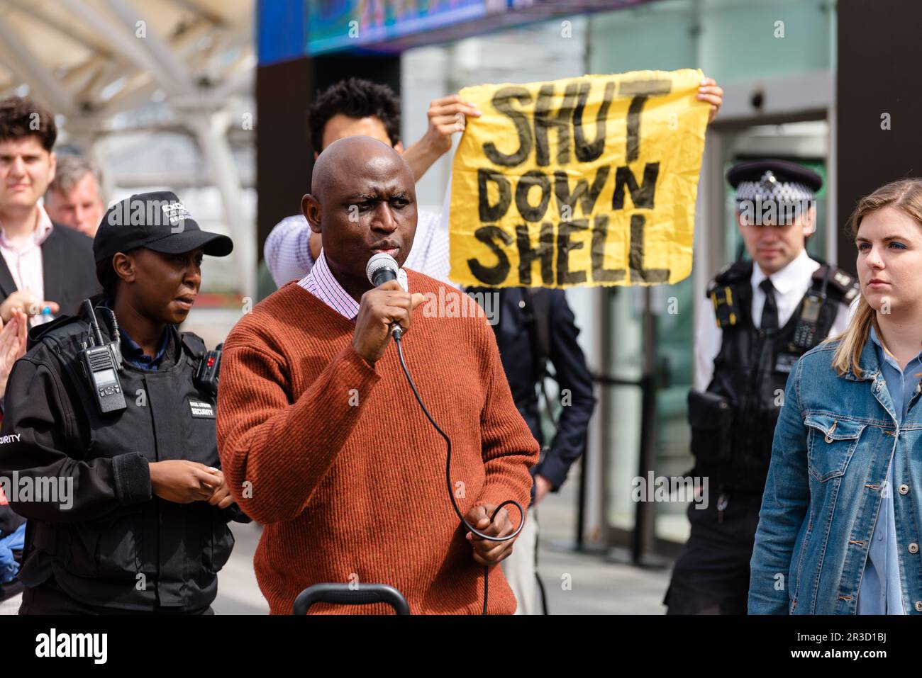 London, UK. 23 May 2023. Climate campaigners from Fossil Free London ...