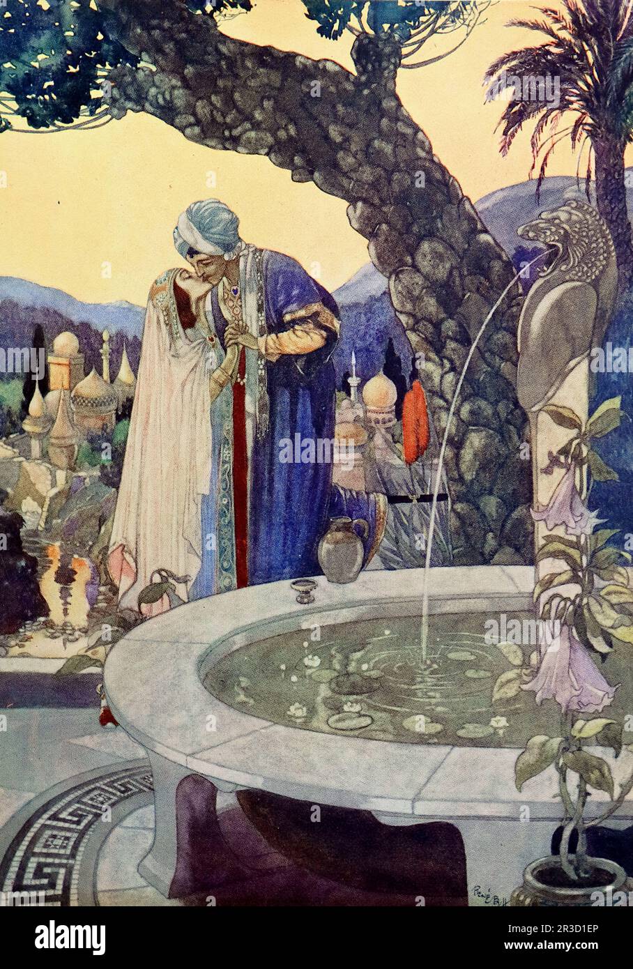 By Rene Bull. Colour: A man kissing a woman beside a fountain. From The ...