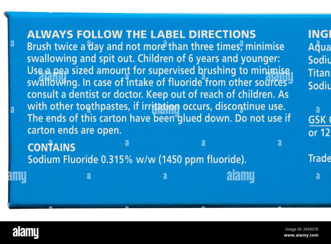 directions on box of Macleans fresh mint toothpaste Stock Photo - Alamy