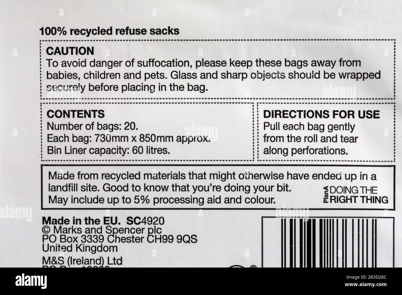caution contents directions for use information on roll of 20 refuse ...