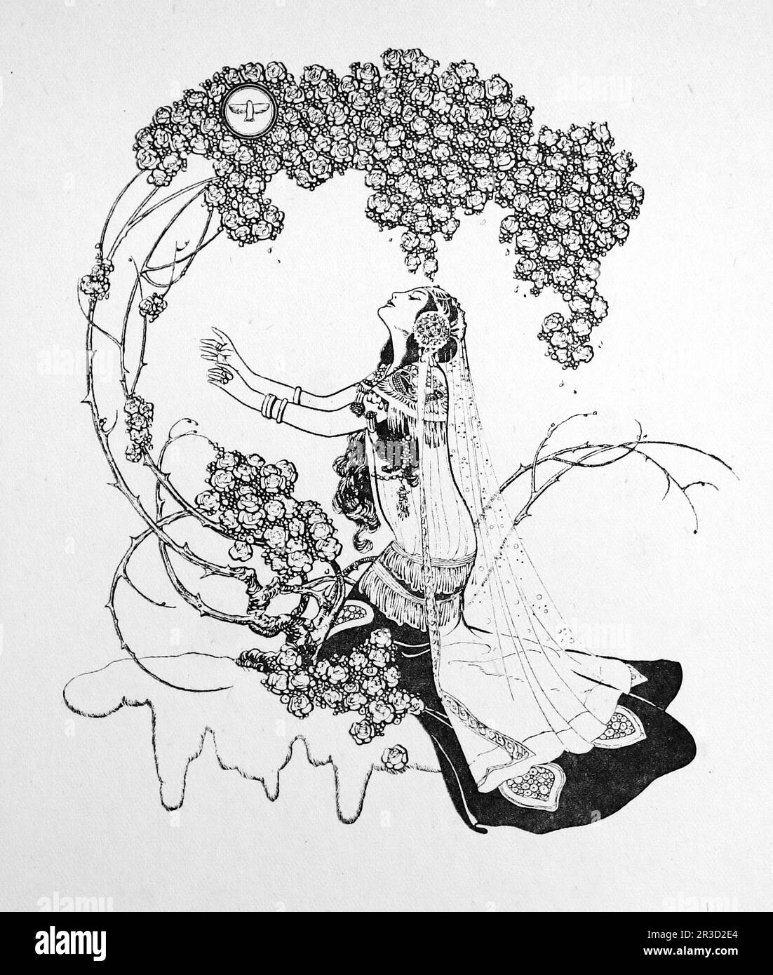 By Rene Bull. Line drawing of a lady beneath overhanging flowers. From ...