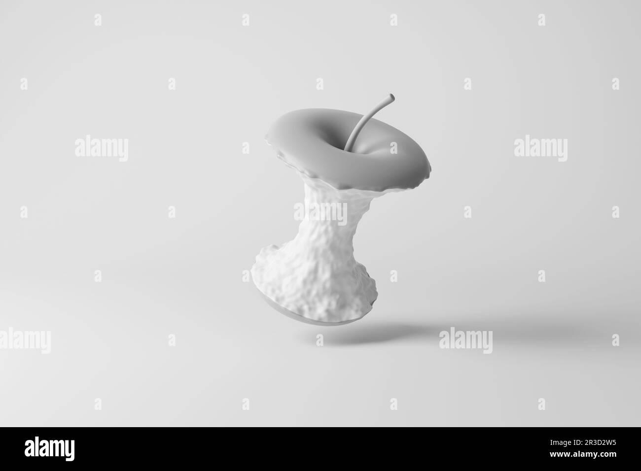 Stylized white apple core floating in mid air casting shadow on white ...