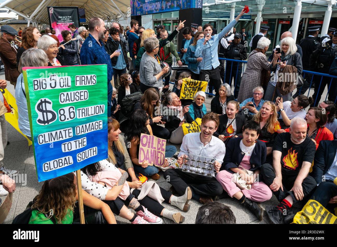 London, UK. 23 May 2023. Climate campaigners from Fossil Free London ...