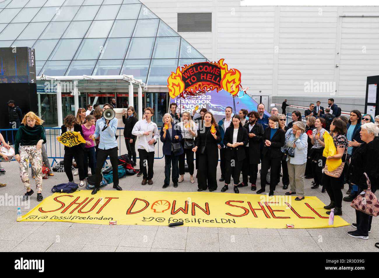 London, UK. 23 May 2023. Climate campaigners from Fossil Free London ...