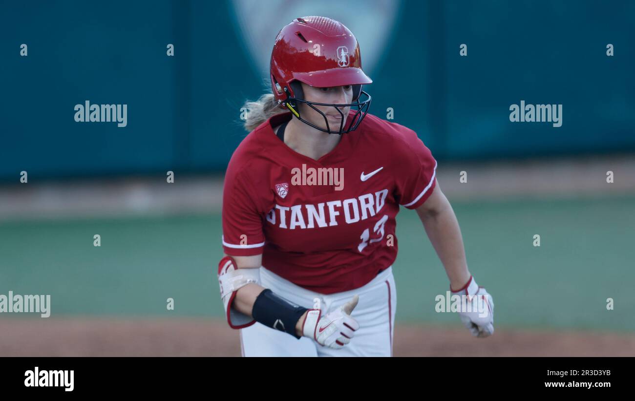 Stanford first baseman Emily Schultz (13) plays against Long Beach St. during an NCAA softball ...