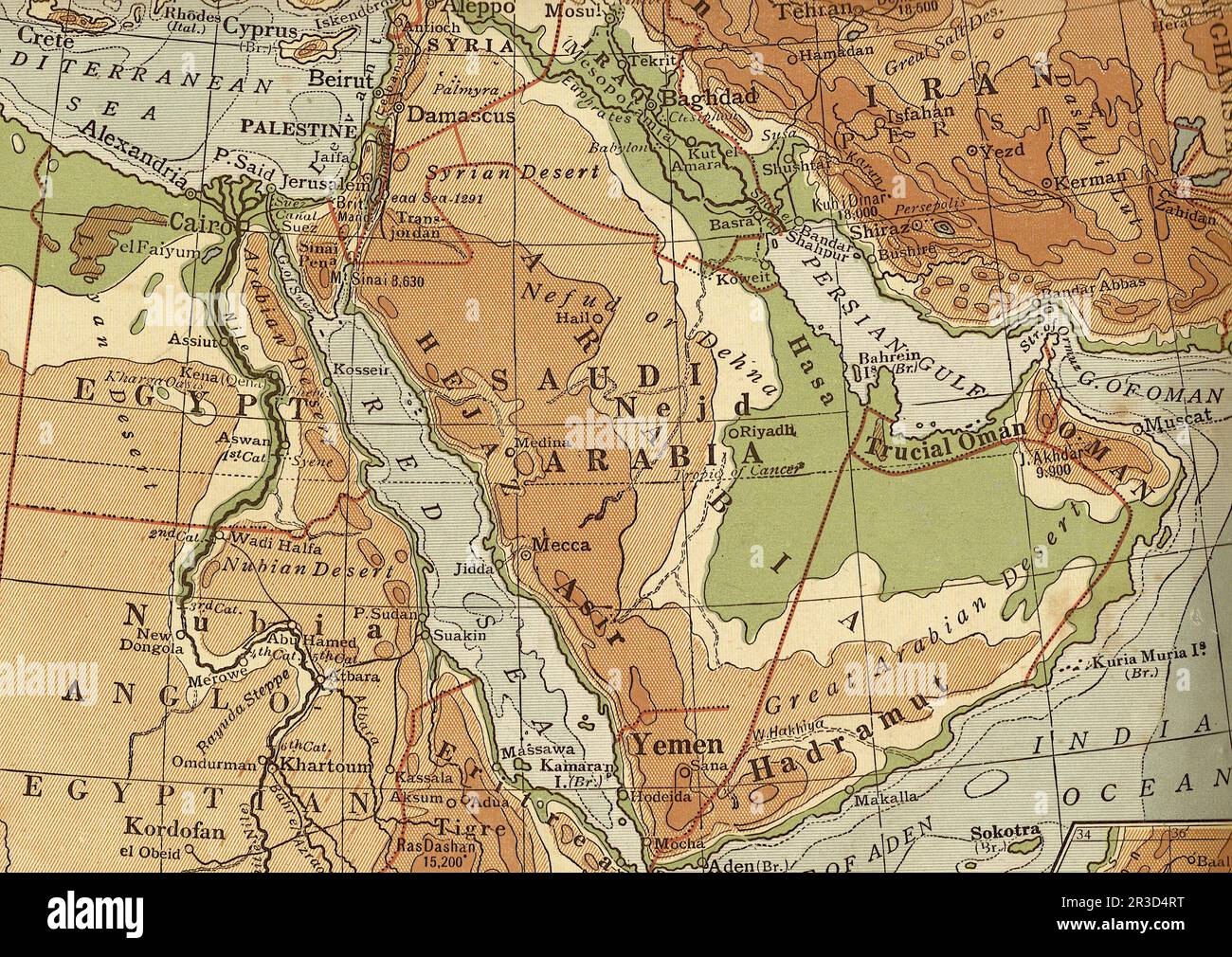Vintage geographical map of Saudi Arabia in sepia Stock Photo - Alamy