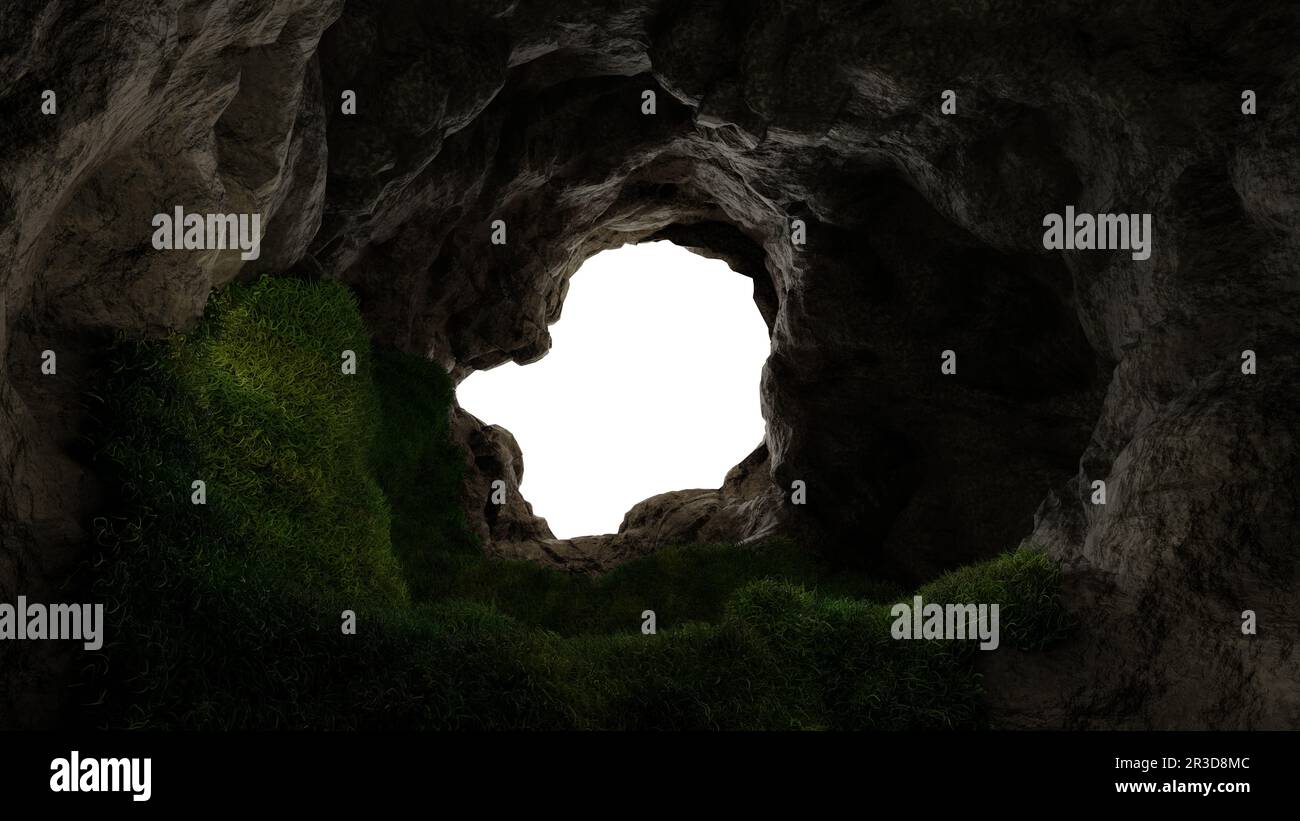 View from deep cave with grass, hole in rocky mountain, sunset. 3d ...