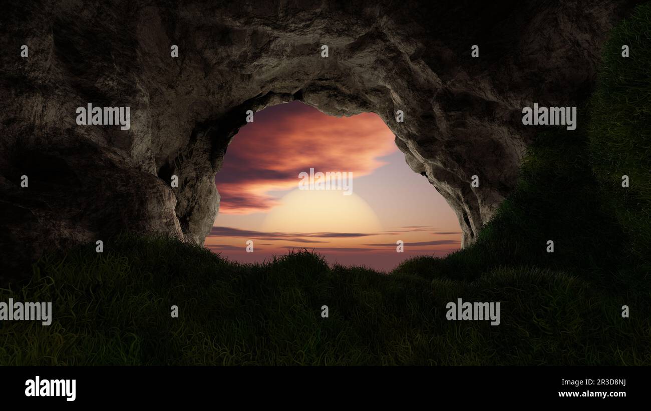 View from deep cave with grass, hole in rocky mountain, sunset. 3d ...