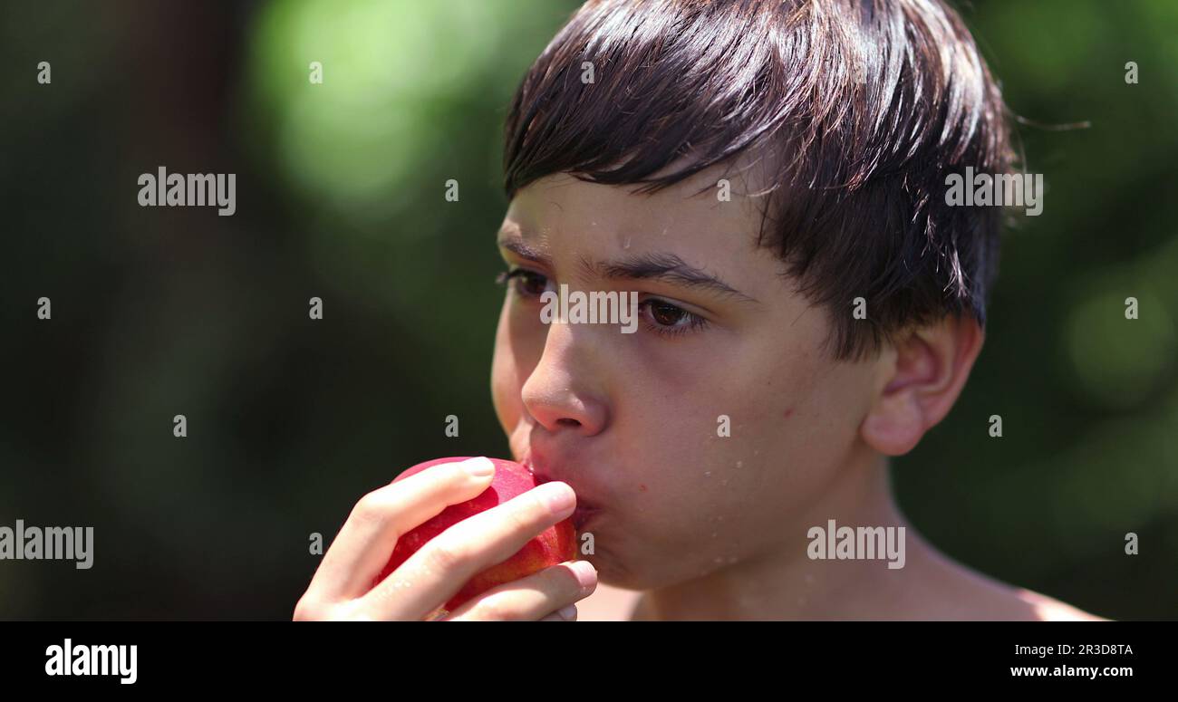 Child eating peach fruit outdoors. Young boy healthy snacking outside ...