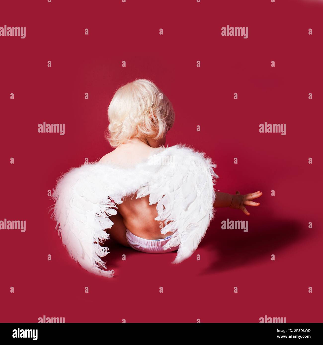 Little curly blond Angel boy sitting on the red Stock Photo - Alamy