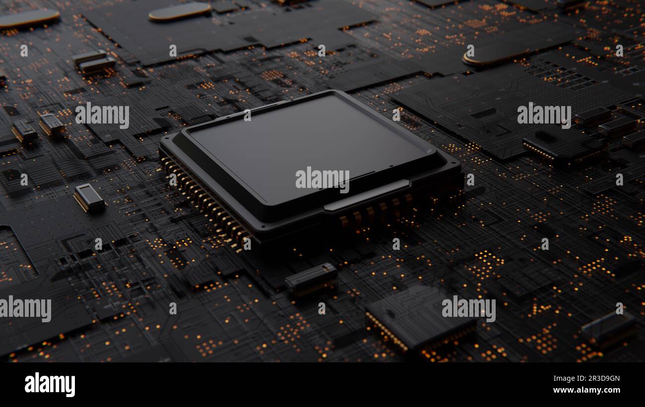 Ai Computer chip processor on motherboard glows blue. Artificial intelligence Graphics chip ...