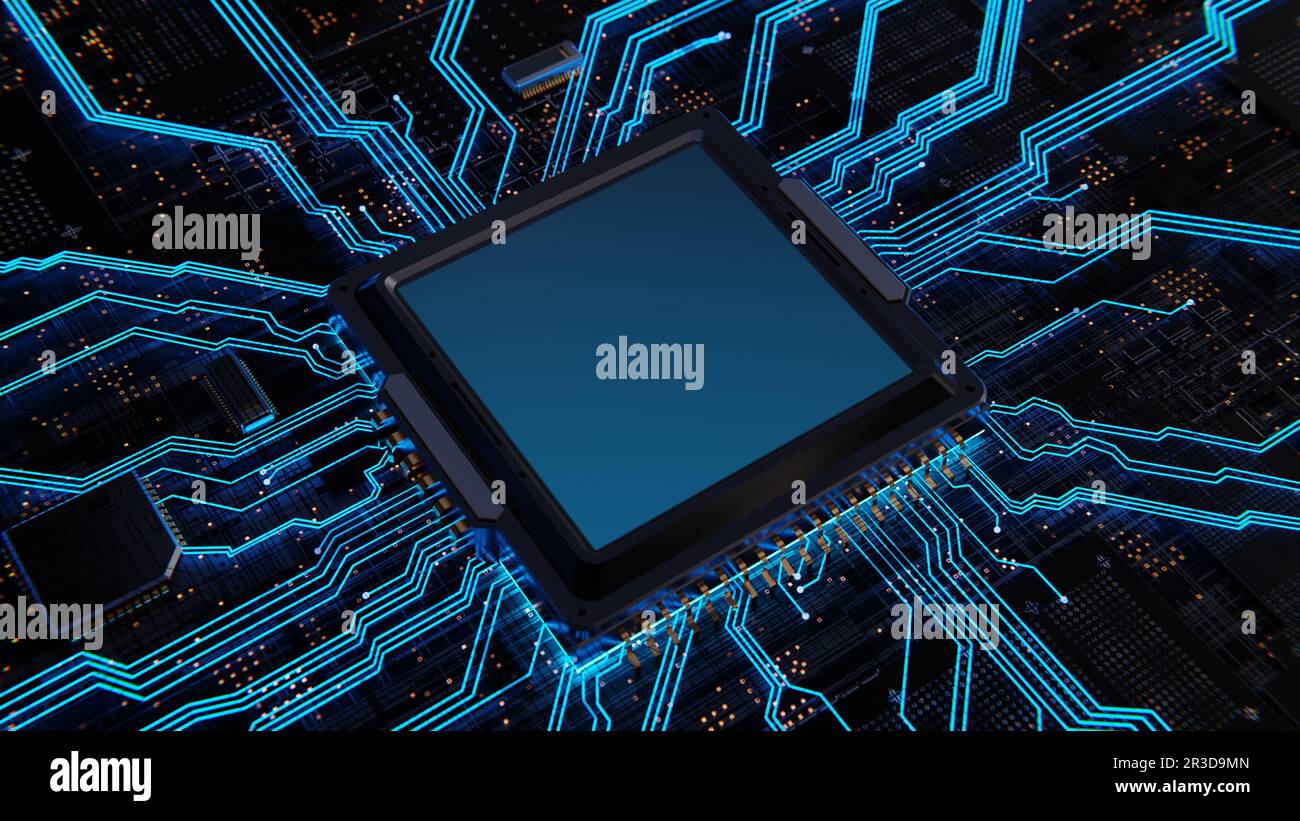Ai Computer chip processor on motherboard glows blue. Artificial ...