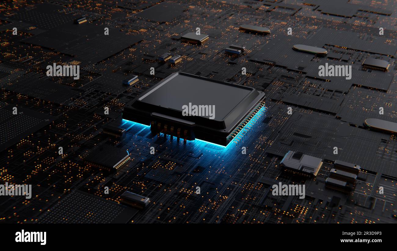 Ai Computer chip processor on motherboard glows blue. Artificial ...