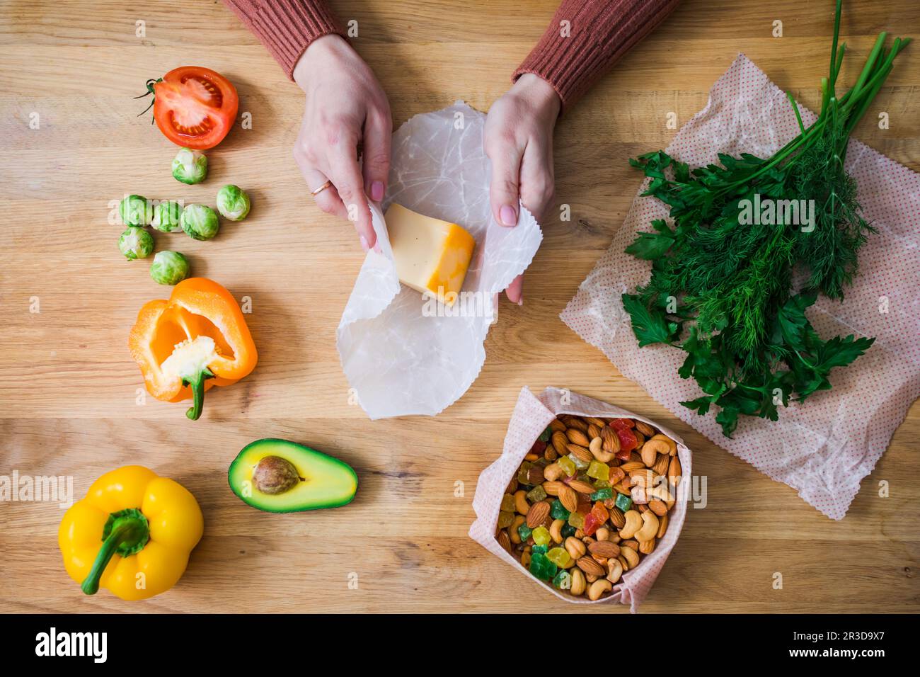 Plastic free kitchen concept. Beeswax wraps with food on them Stock ...