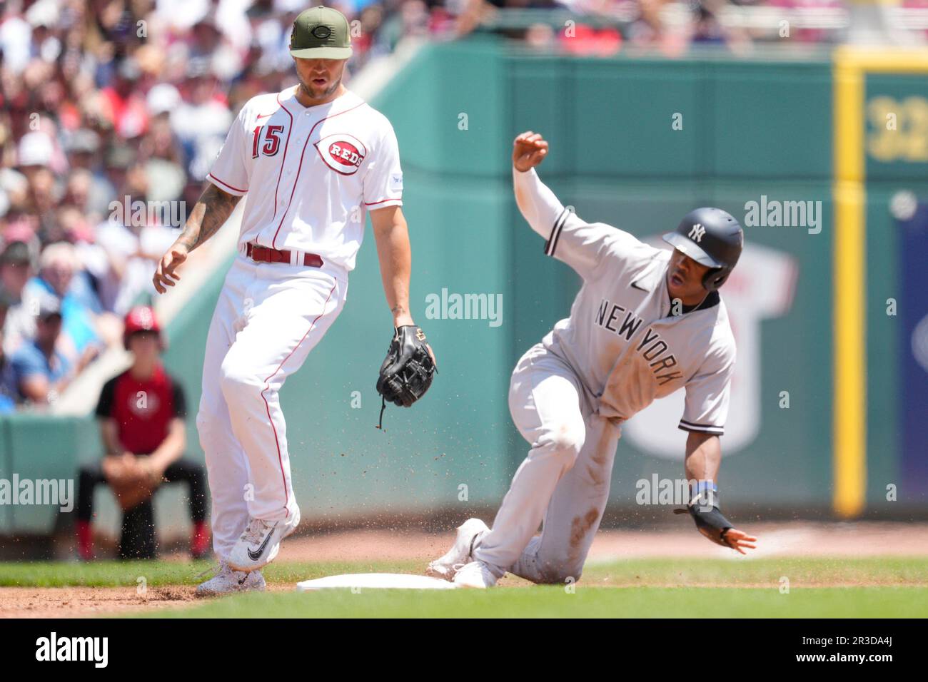 New York Yankees' Will Benson, right, advances to third base on a wild ...