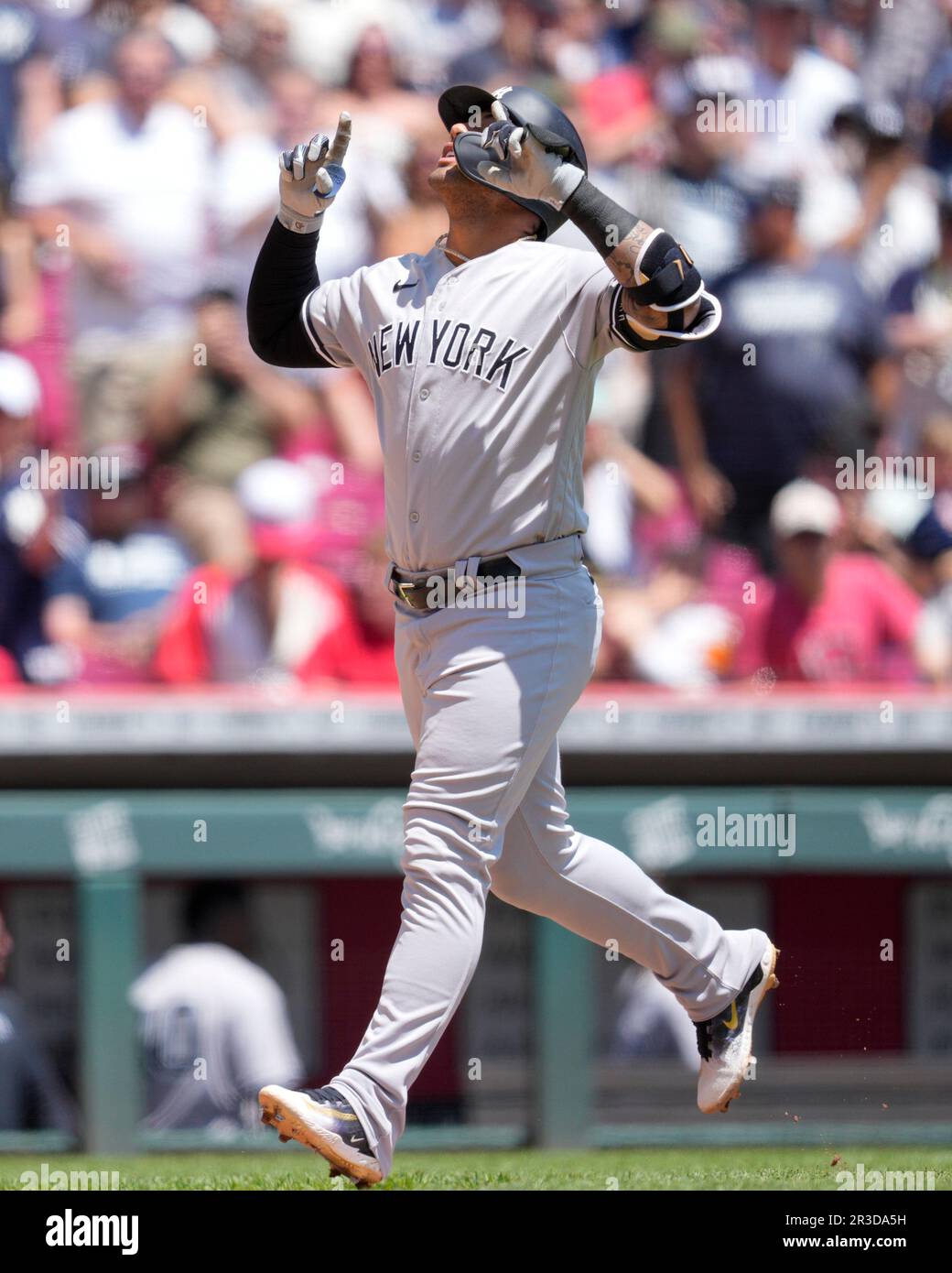 New York Yankees' Gleyber Torres reacts as he rounds the bases after hitting a solo home run ...