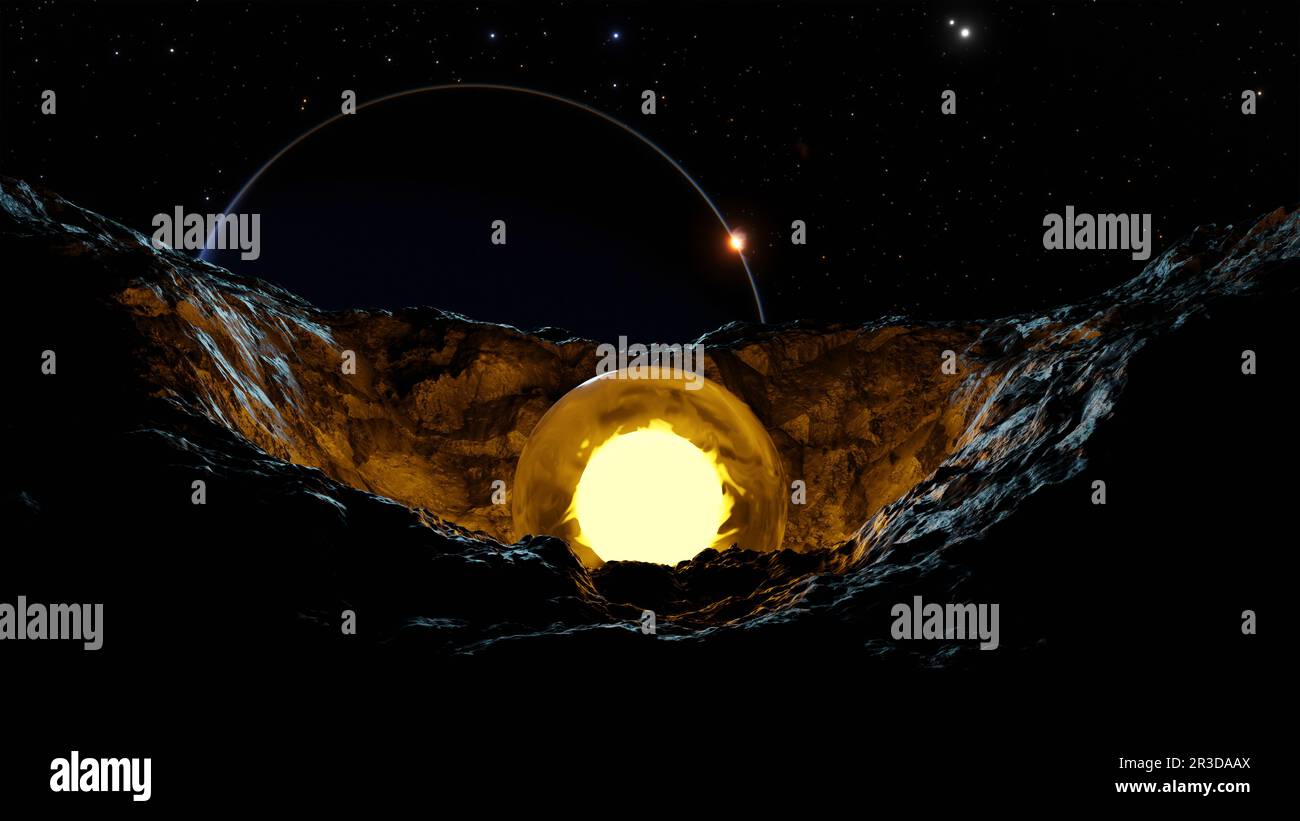 Glowing sphere orb in pit crater. Cosmic landscape, starry sky above ...