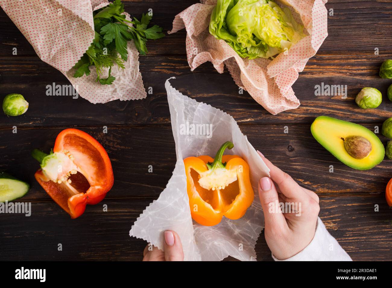Plastic free kitchen concept. Beeswax wraps with food on them Stock ...