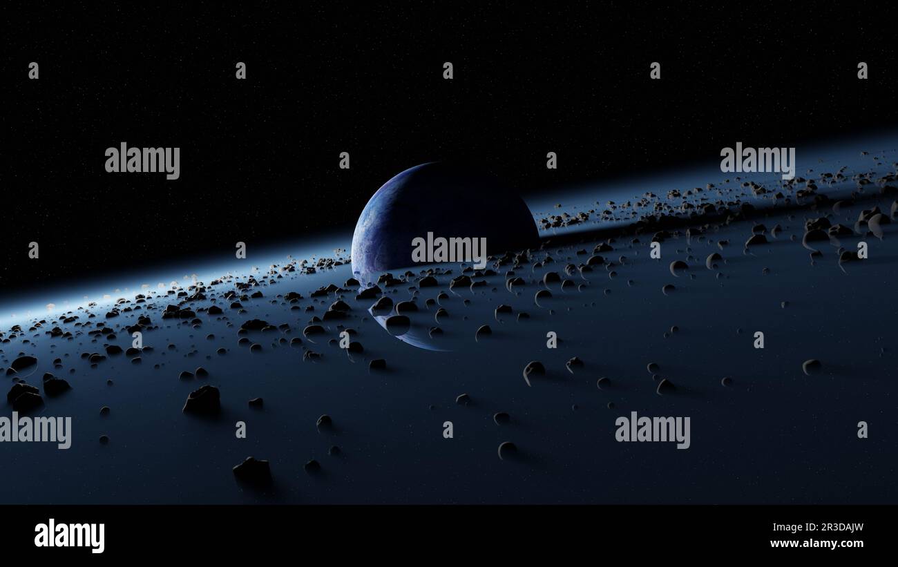 Planet Pandora surrounded asteroid belt, rings wreckage of destroyed planet. Blue protoplanet in ...