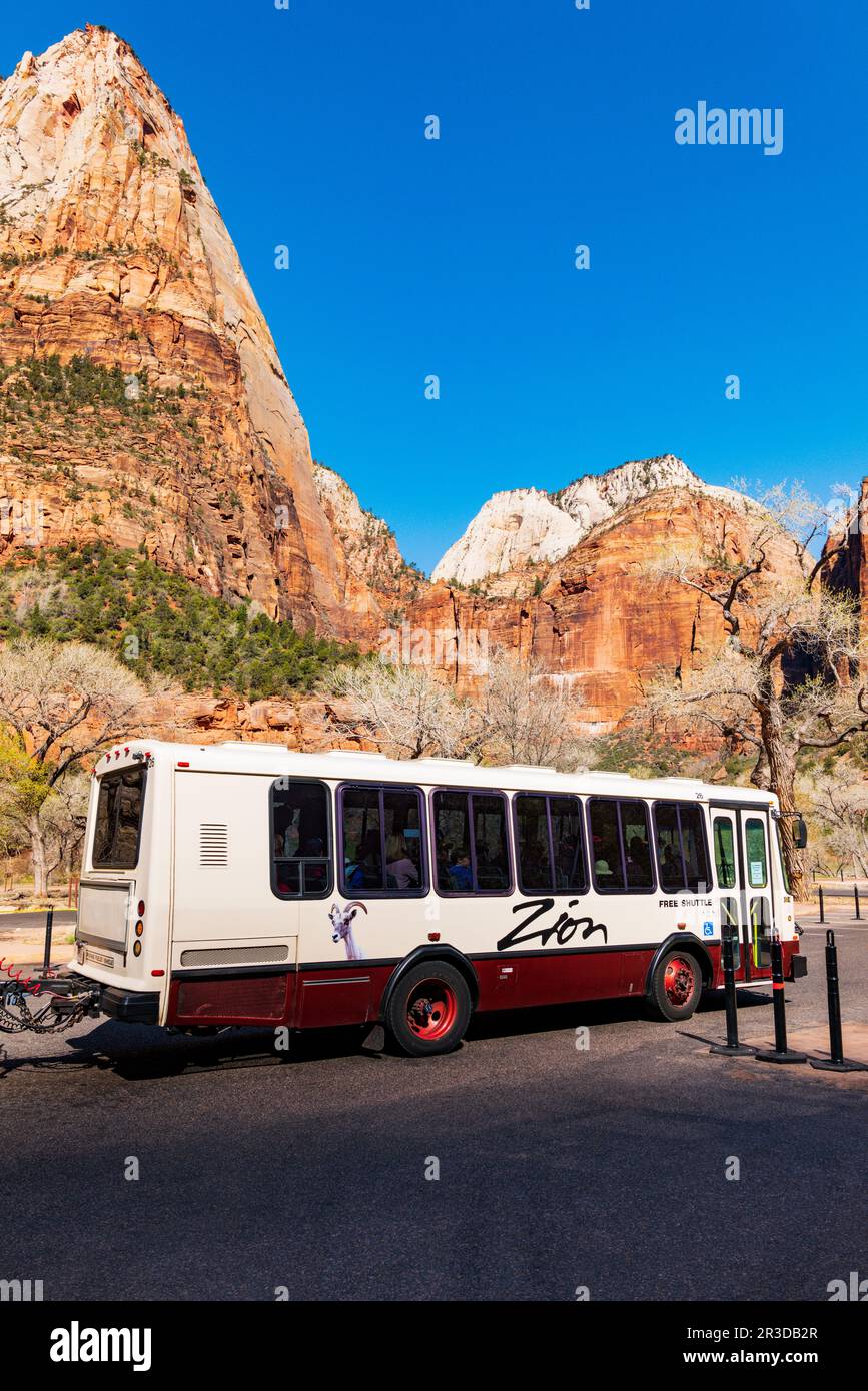 Free shuttle bus; Zion Lodge; Zion National Park; Utah; USA Stock Photo ...
