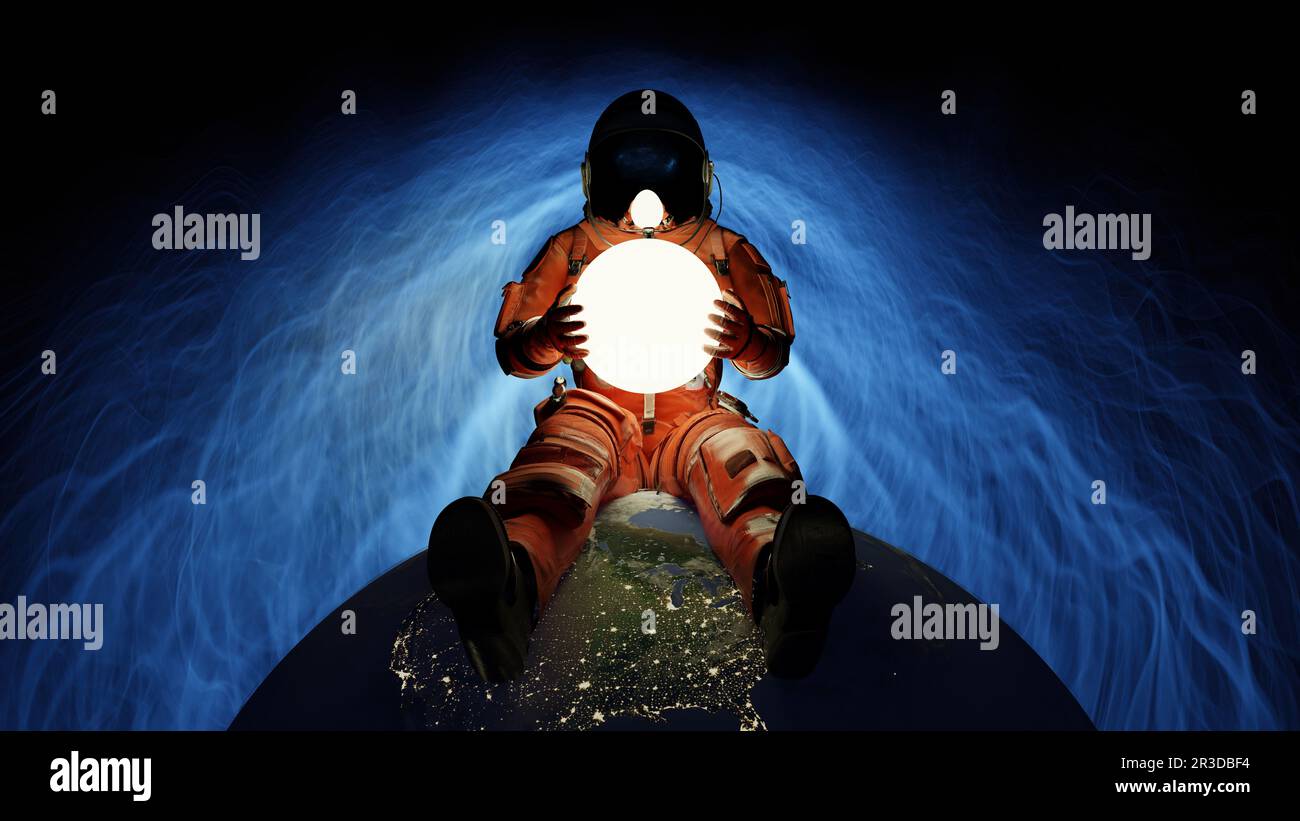 Astronaut sits on planet earth and hold glow star planet in hands ...