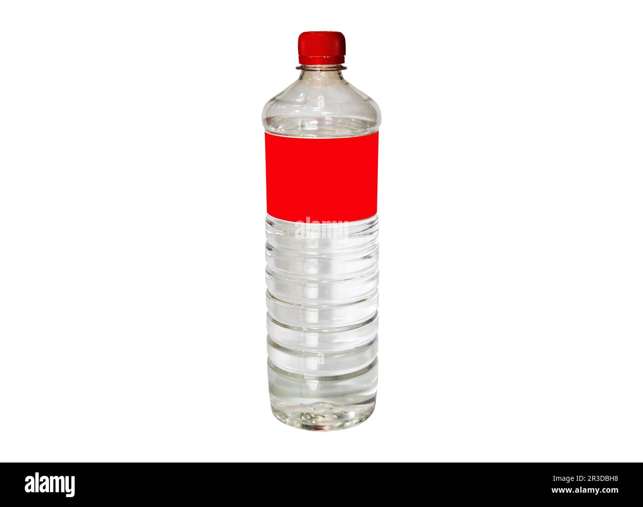 plastic bottles with pure spring water on isolated background.with red ...